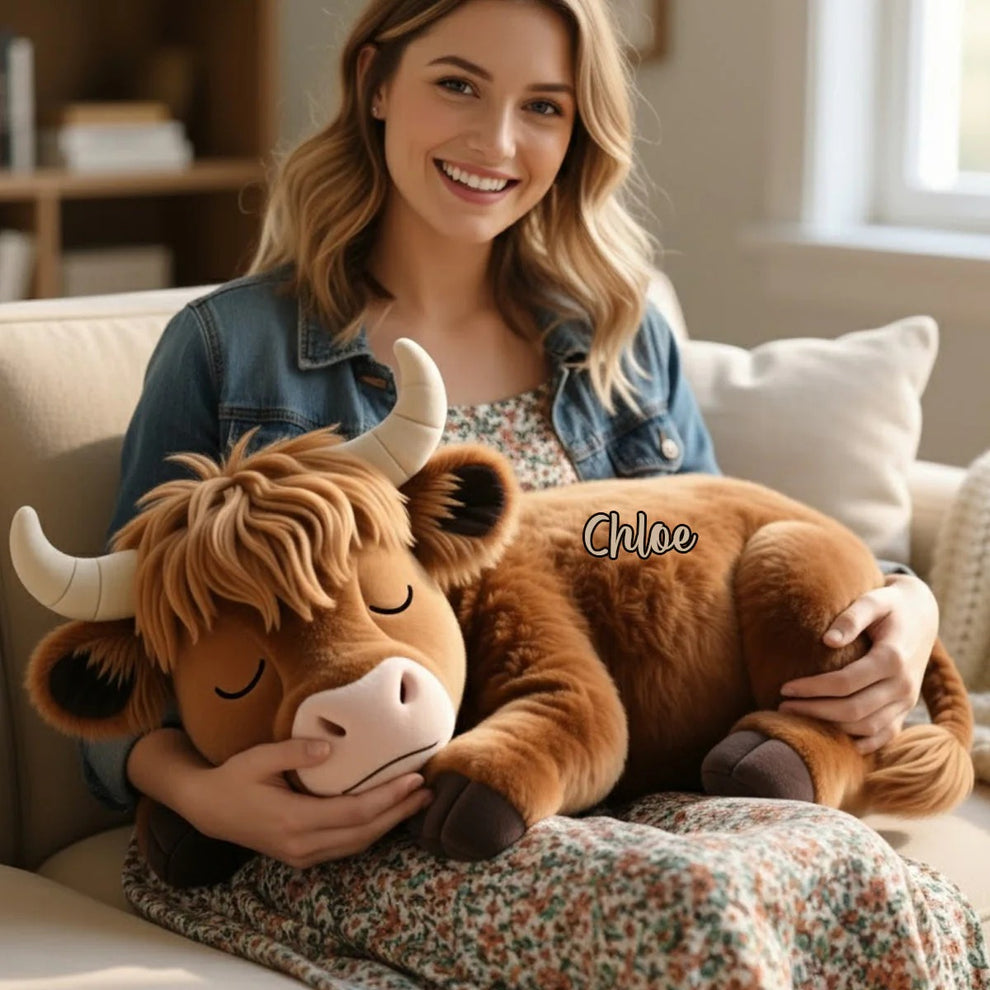Sleeping Highland Cow - Personalized Cozy Highland Cow Shaped Pillow ...